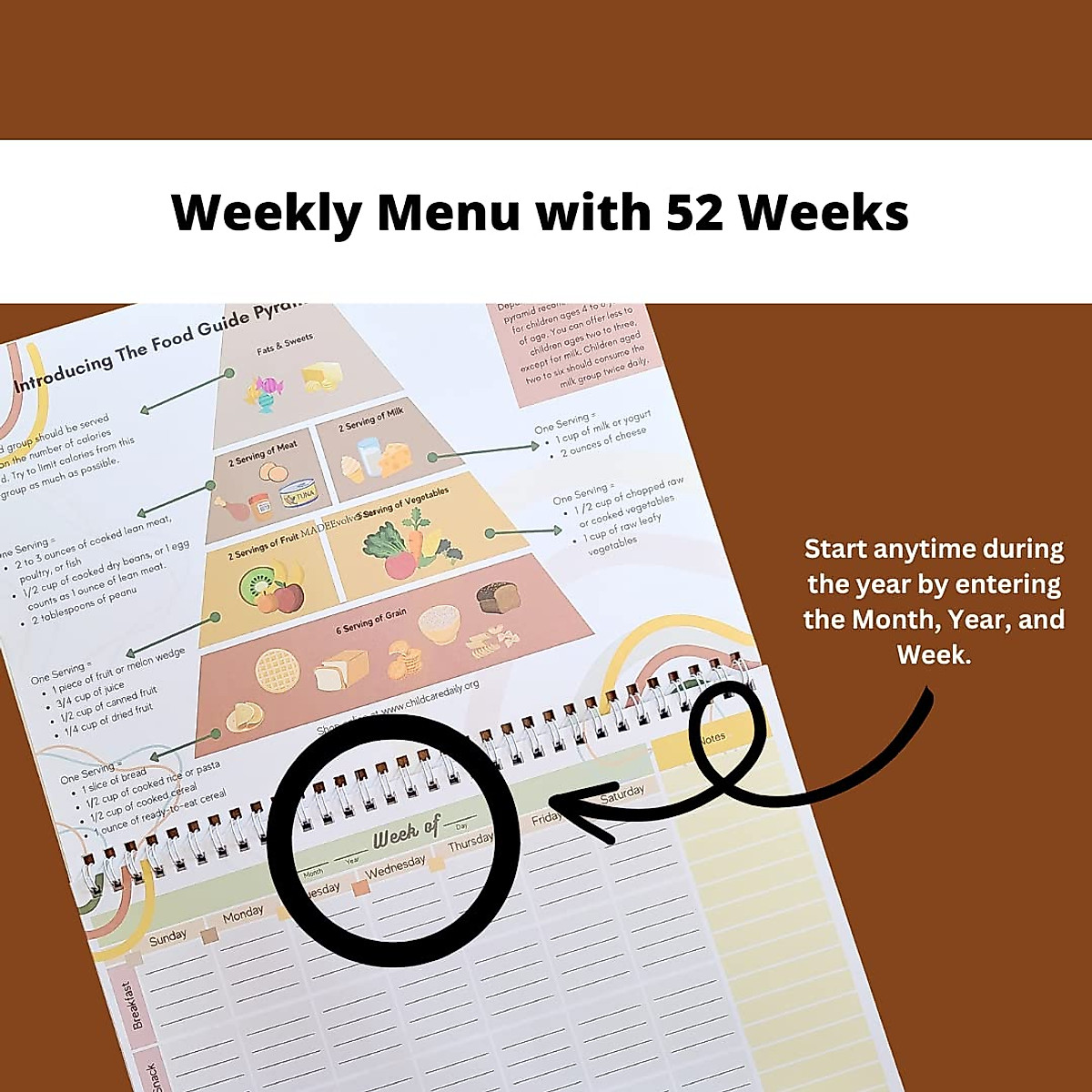 Daycare Weekly Meal Planner | 52-Weeks Wall Calendar | Track 5 Meals each Day | 11" x 8.5"