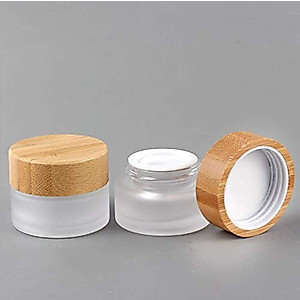 2 Pack 15ml 0.5oz Empty Refillable Round Frosted Glass Cream Jar Cosmetic Storage Container Pot Sample Jars Bottle with Natural Bamboo Lid and Inner Liners for Cream Lotion Lip Balm