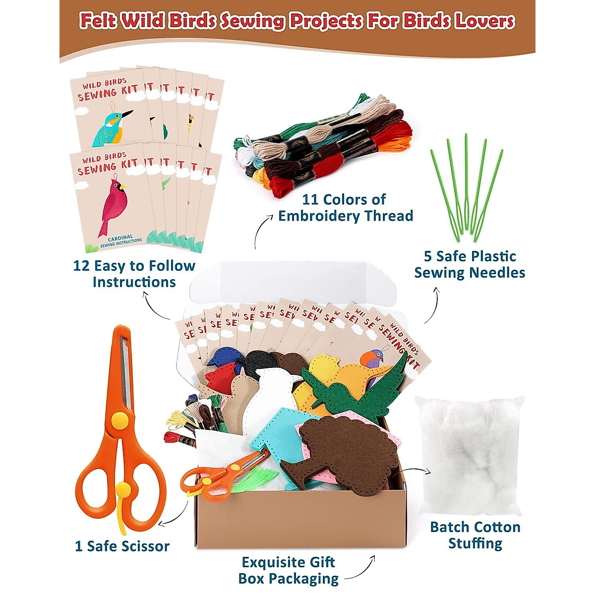 CiyvoLyeen Wild Birds Sewing Craft Kit Animal Sewing Kit for Boys and Girls Beginners Set of 12 Sewing Projects Gift for Kids