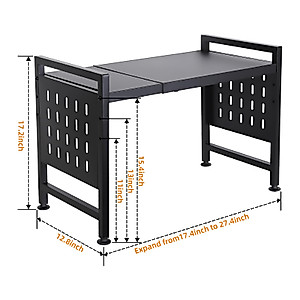 loyalKBS Extendable Microwave Oven Rack 2 Tier Adjustable Shelf Bakers Rack for Kitchens Countertop Appliance Shelf with 4 Hooks and Pot Lid Support, Black