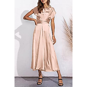 PRETTYGARDEN Women's 2023 Summer Satin Midi Dress Cap Sleeve Tie Waist Elegant A-Line Flowy Dresses (Champagne,Small)