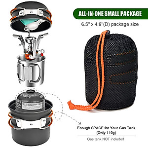 Odoland 8pcs Camping Cookware Mess Kit, Camping Pot and Pan Set with Mini Backpacking stove, Stainless Steel Cup, Spork and Tank Bracket, Cooking Gear for Outdoor, Hiking, Picnic, Campfire, Red