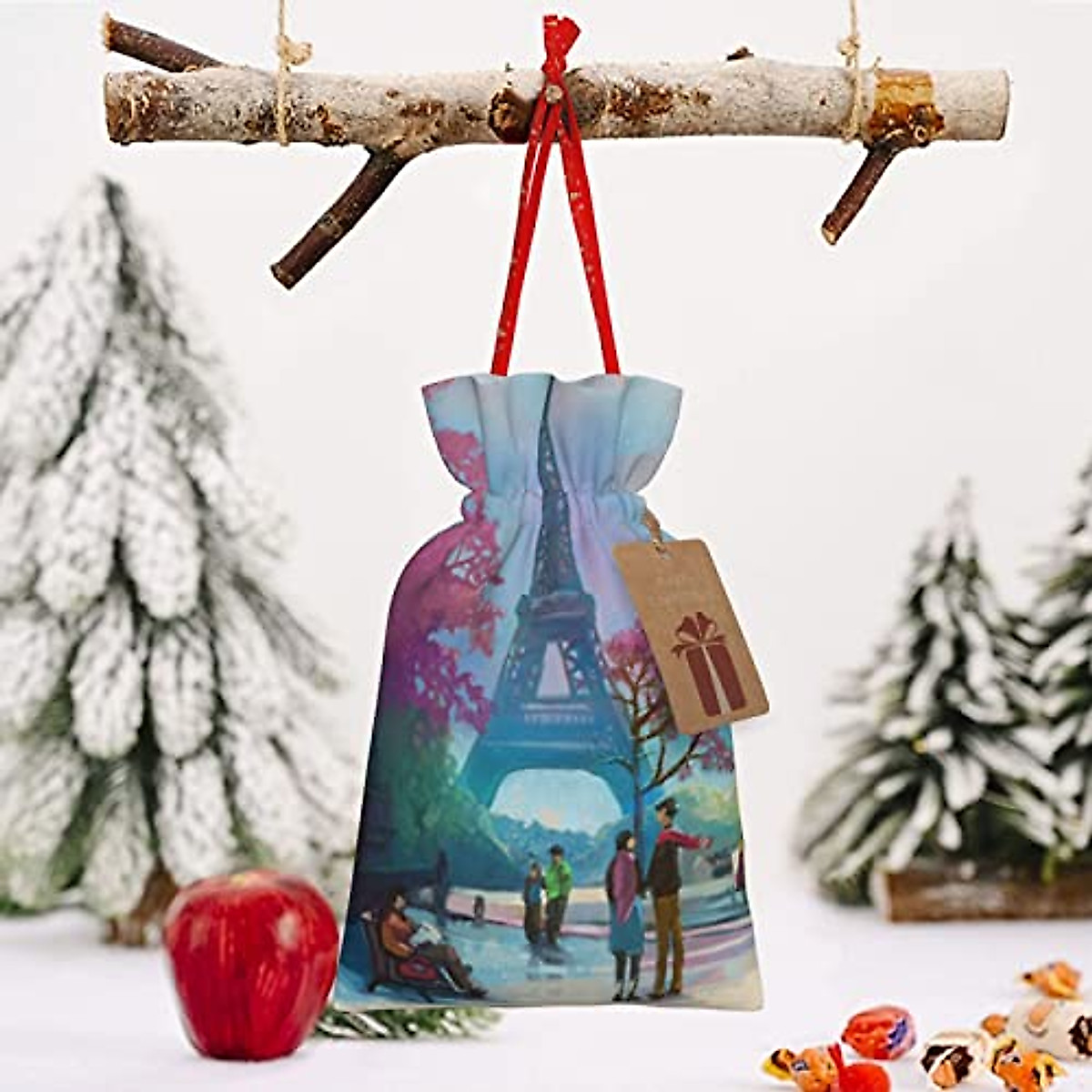 Drawstrings Christmas Gift Bags Spring-Eiffel-Tower-France Presents Wrapping Bags Xmas Gift Wrapping Sacks Pouches Medium