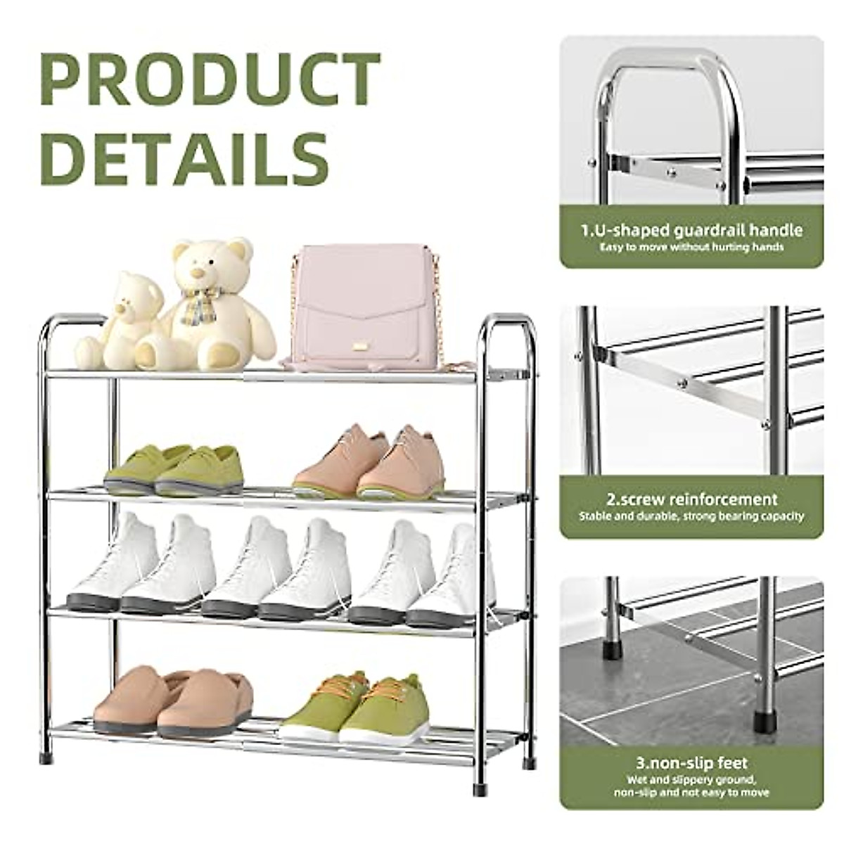 4-Tier Stackable & Expandable Shoe Rack for Closet Adjustable Organizer Storage Stainless Steel Shoe Shelf for Entryway, Bedroom, Dorm Room, Outdoor