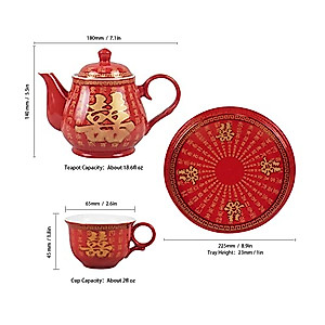 Kcgani Double Happiness Porcelain Red Wedding Tea Set Teapot, Chinese Traditional Wedding Decoration Supplies, Creative Ceramics Tea Service Set for Adults Ceremony Wedding Birthday Party Decor Gift