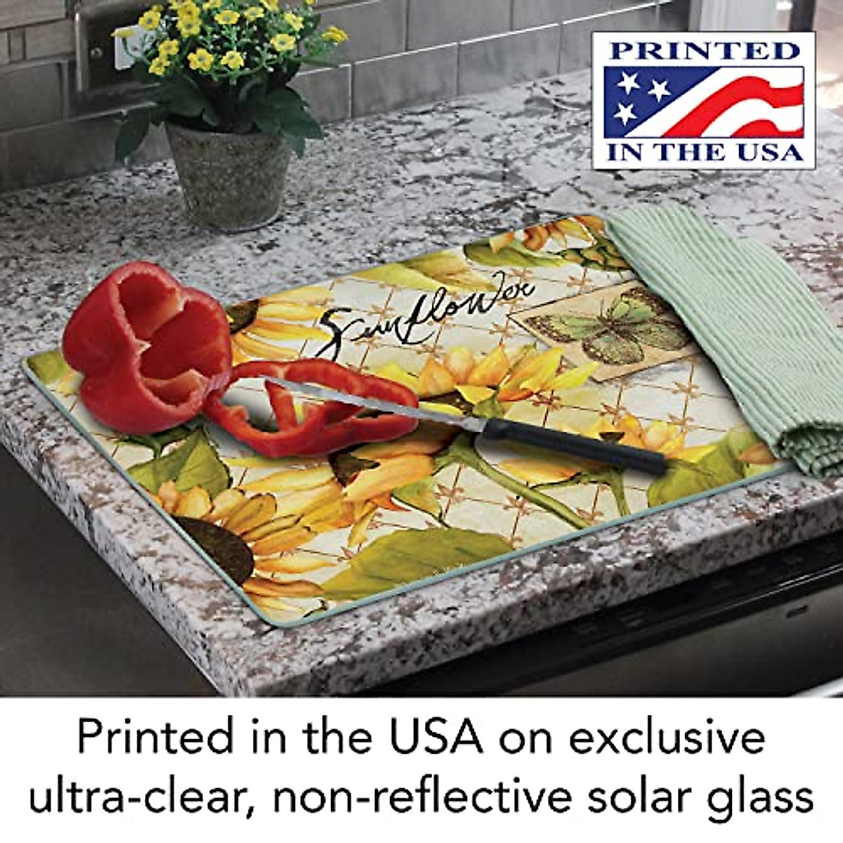 CounterArt Sunflowers in Bloom 3mm Heat Tolerant Tempered Glass Cutting Board 15” x 12” Manufactured in the USA Dishwasher Safe