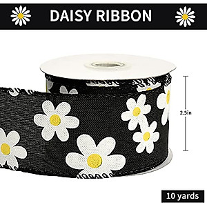 TONIFUL 2.5 Inch Wide Floral Pattern Wired Edge Ribbon Daisy Flowers Black Canvas Cloth Fabric Ribbons Roll 10 Yards for Crafts Bows Wreath Home Decor Hair Accessories Gift Wrapping