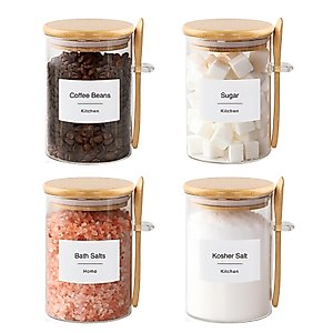 Sugar Jar Bath Salt Container – 17 oz Glass Jar with Bamboo Lid and Spoon, Sugar Cube Holder and Canister for Countertop, Glass Containers for Coffee Beans, Tea and Overnight Oats (4 Pack)