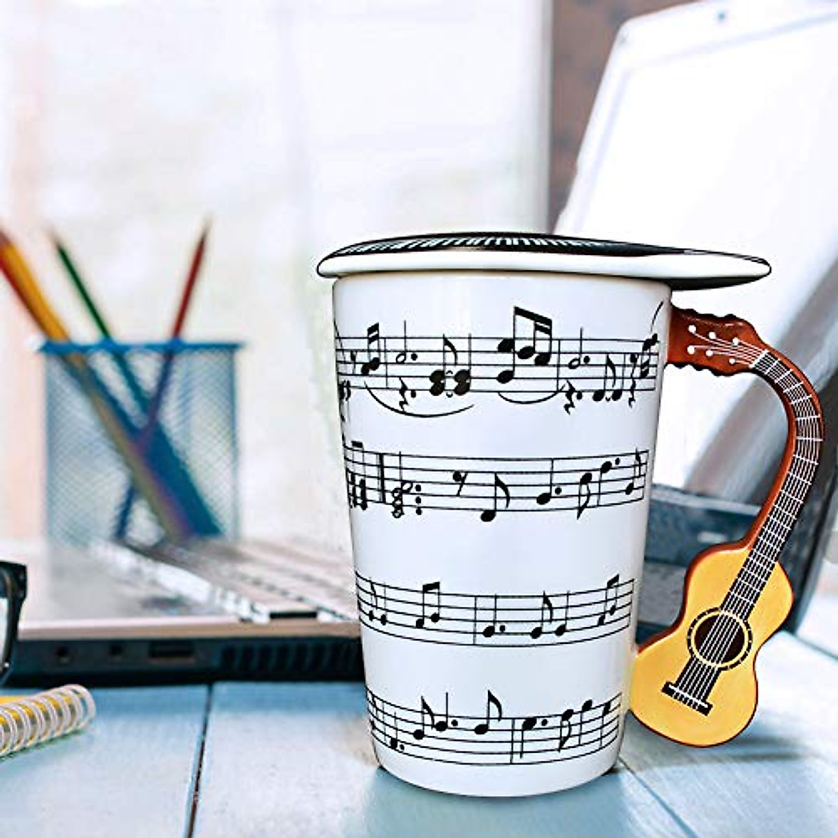 Lavezee Mug Cup With Guitar Handle And Art Musical Notes Holds 15 Oz, Tea Coffee Milk Ceramic Mug Gift For Music Lover