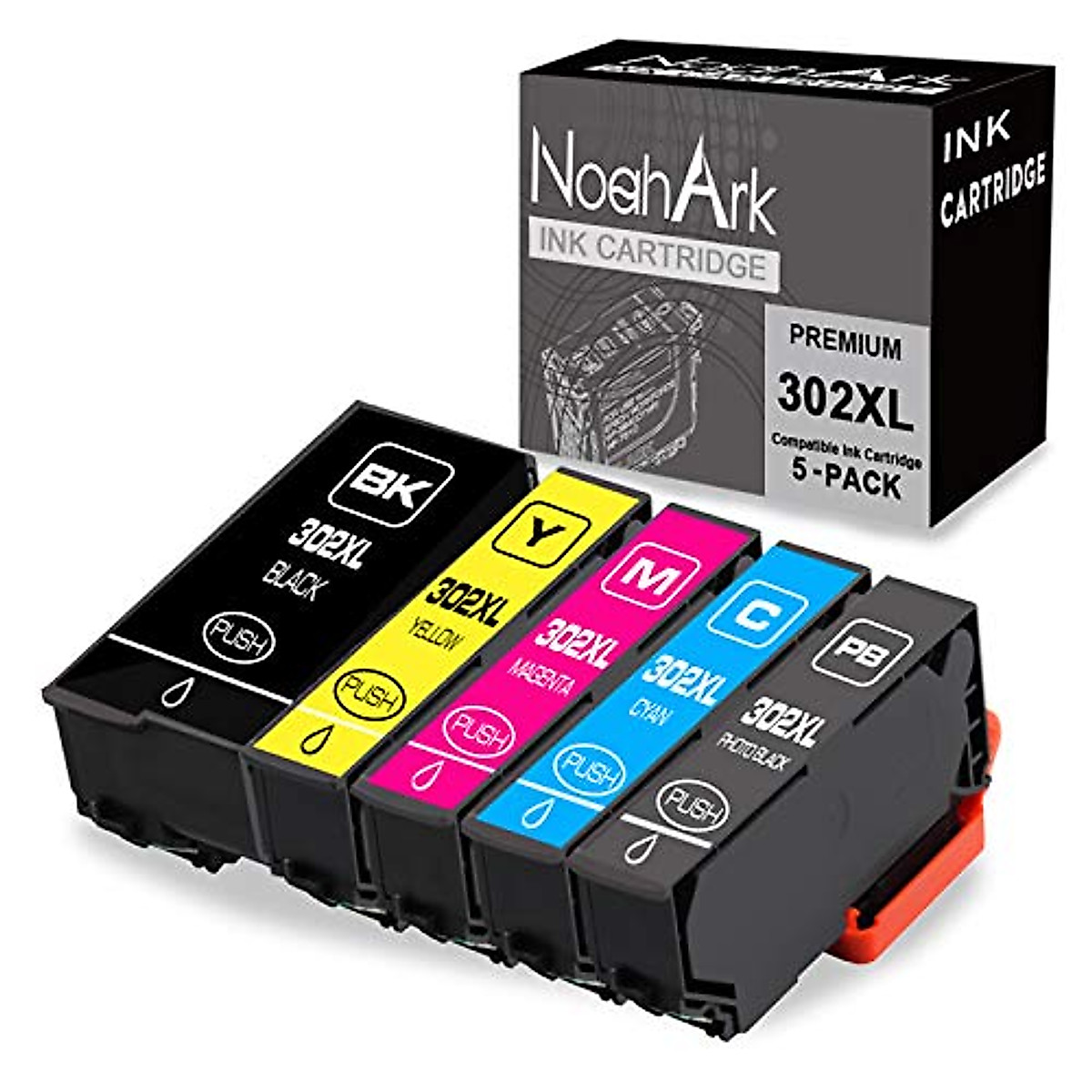 NoahArk 5 Packs 302XL Remanufacture Ink Cartridge Replacement for Epson 302 302XL T302 T302XL use for Epson Expression Premium XP-6000 XP-6100 Printer (Black, Photo Black, Cyan, Magenta, Yellow)