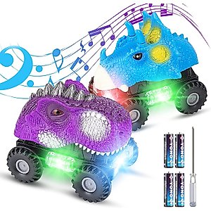 Dinosaur Cars, Dinosaur Toys for Kids 3-5 with LED Light & Sound, Dino Toddler Toys for 3+ Year Old Boys Girls Birthday Gifts ， Automatically Change Direction Dinosaur Truck Toys (Orange & Green)