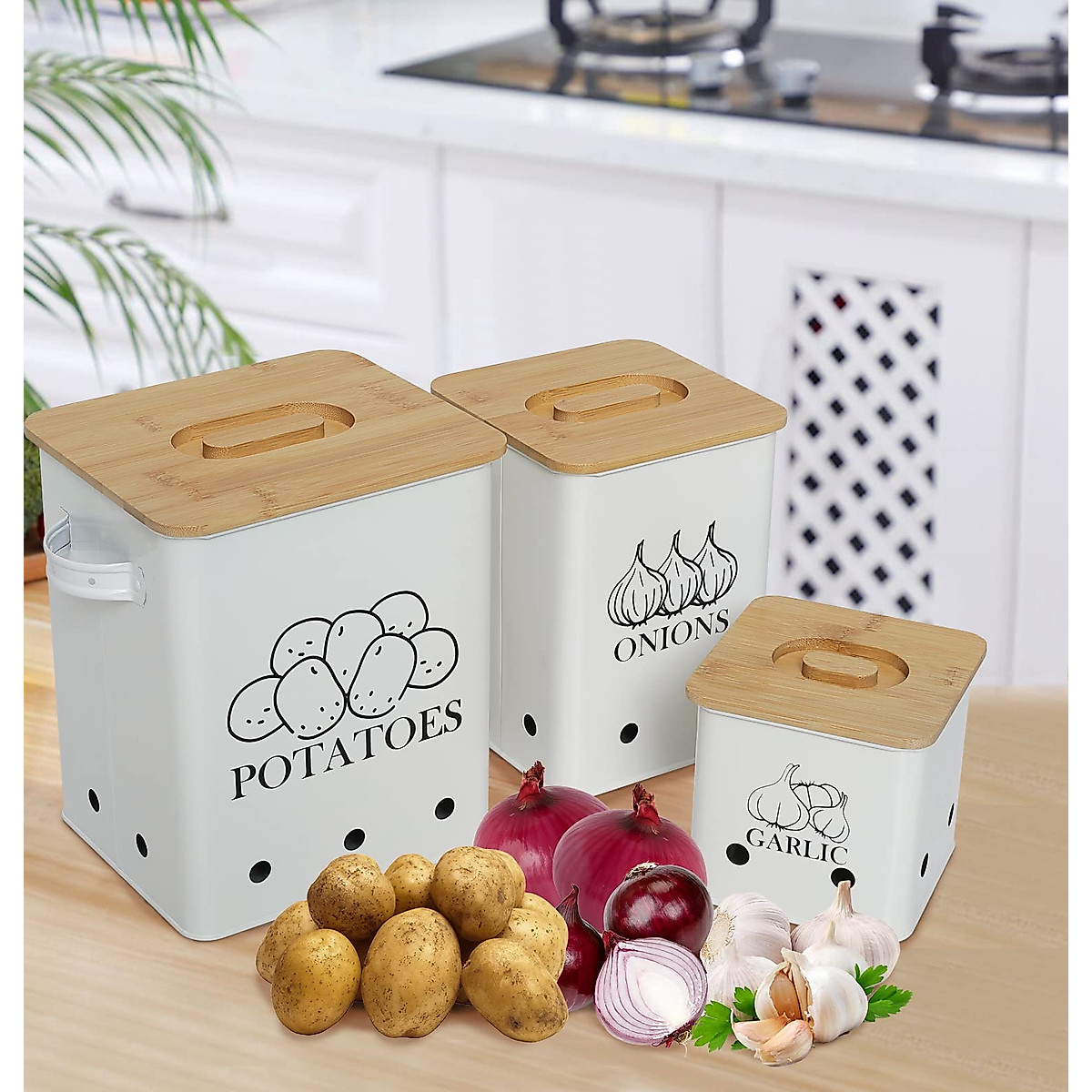Potato Onion Garlic storage, Canister Sets for Kitchen Counter, Storage Set for Potato Onion Garlic, Kitchen Storage Bin Jars Pots with Aerating Tin Storage Holes & Wooden Lid - White