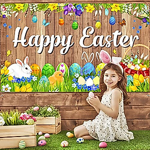 Happy Easter Decorations Easter Backdrops Photography Banner Bunny Grassland Rustic Wood Background Eggs Banner for Jesus Easter Spring Party Decorations, 70.8 x 43.3 Inch