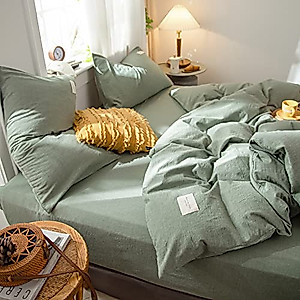 OS OMYSTYLE Sage Green Duvet Cover Queen Size 100% Washed Cotton Linen Like Textured for All Seasons, 3 Pieces Ultra-Soft Solid Color Bedding Set with Zipper Closure, 1Pc Duvet Cover 2Pcs Pillowcases