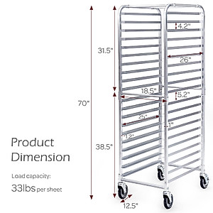 ReunionG 20 Tier Bun Pan Rack, Bakery Rack with 2 Lockable Wheels, 20 Sheet Aluminum Storage Cooling Trolley with Open Shelf, Dough Pizza Baking Mobile Rack for Home Commercial