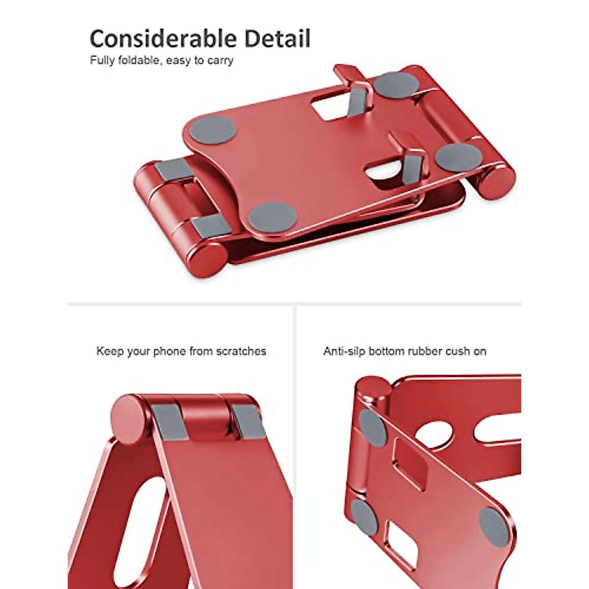 Tobeoneer Foldable Cell Phone Stand - Desk Phone Holder, Adjustable Alluminum Dock for iPhone 14 13 12 11 Pro XR XS Max 8 7 6 6s Plus Mini iPad Tablet (Red)