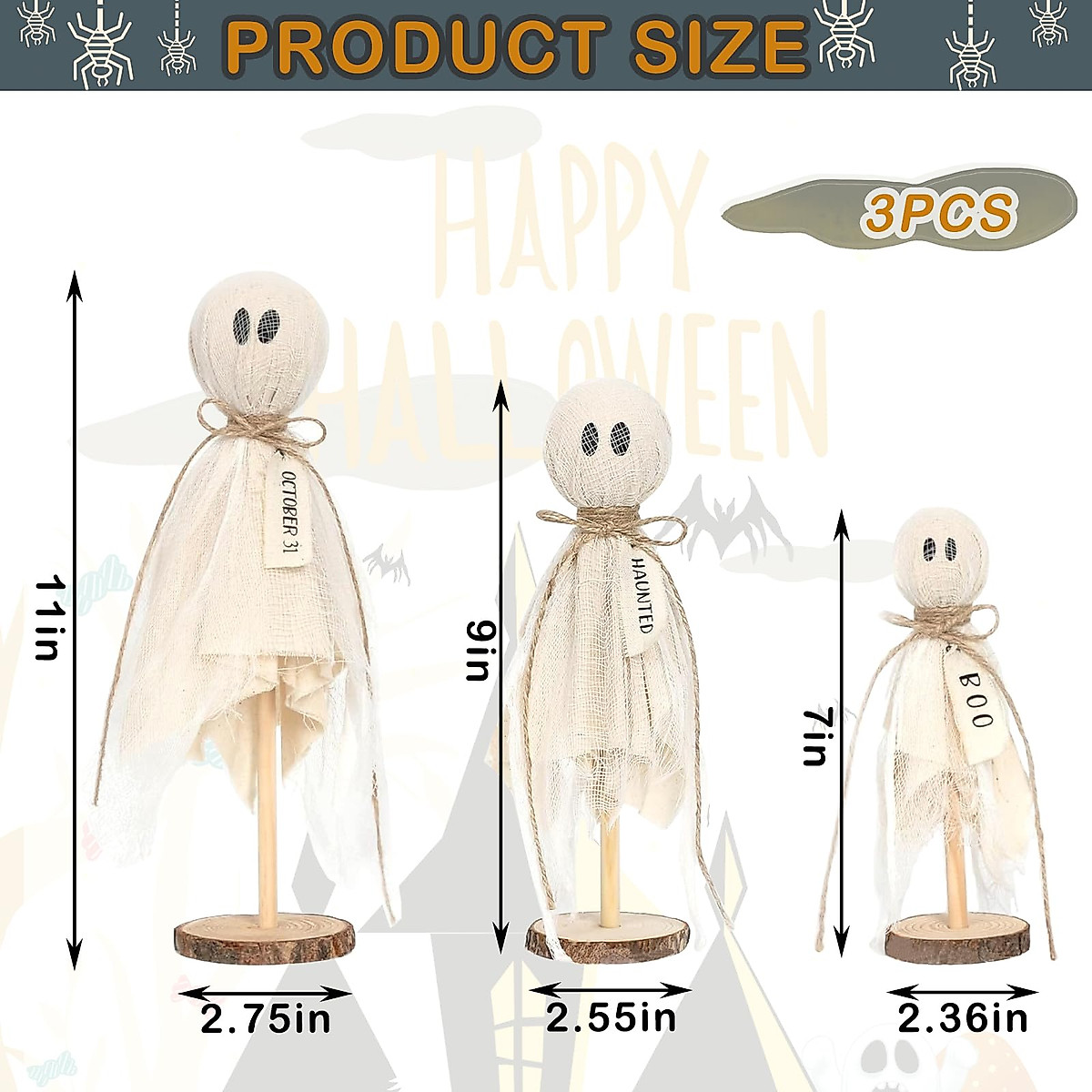 DNCHGOYA Halloween Ghost Decor Kit Table 3Pcs Halloween Ghosts on Wooden Stand for Table Centerpieces Halloween Party Decorations Spooky Ghost Crafts