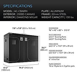 AC Infinity CLOUDLAB 894 Advance Grow Tent, 96”x48”x80” Thickest 1 in. Poles, Highest Density 2000D Diamond Mylar Canvas, 8x4 for Hydroponics Indoor Growing