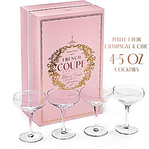 GLASSIQUE CADEAU French Small Vintage Champagne Coupe Glasses | Set of 4 | 6 oz Crystal Classic Cocktail Glassware - Martini, Sidecar, Daiquiri | Retro Saucers for Bar Drinks