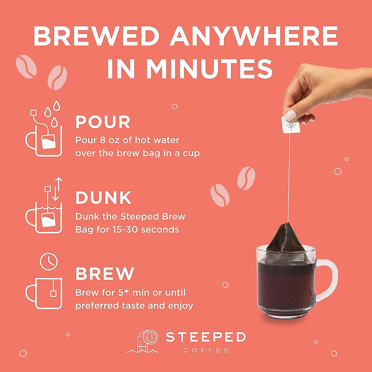 Steeped Coffee Single-Serve Packs - Just + Water - Direct Trade, Hand Roasted & Freshly Ground, Specialty Grade - Nitro Sealed (California Blend (Medium Roast), 8 Count (Pack of 1))