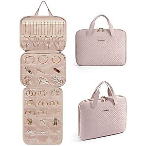 BAGSMART Travel Jewelry Organizer Case,Hanging Roll Jewelry Bag for Travel with Pockets,Large Capacity Jewelry Roll Bag for Rings,Necklaces,Earrings,Bracelets,Bracelets,Portable Travel Essentials,Pink