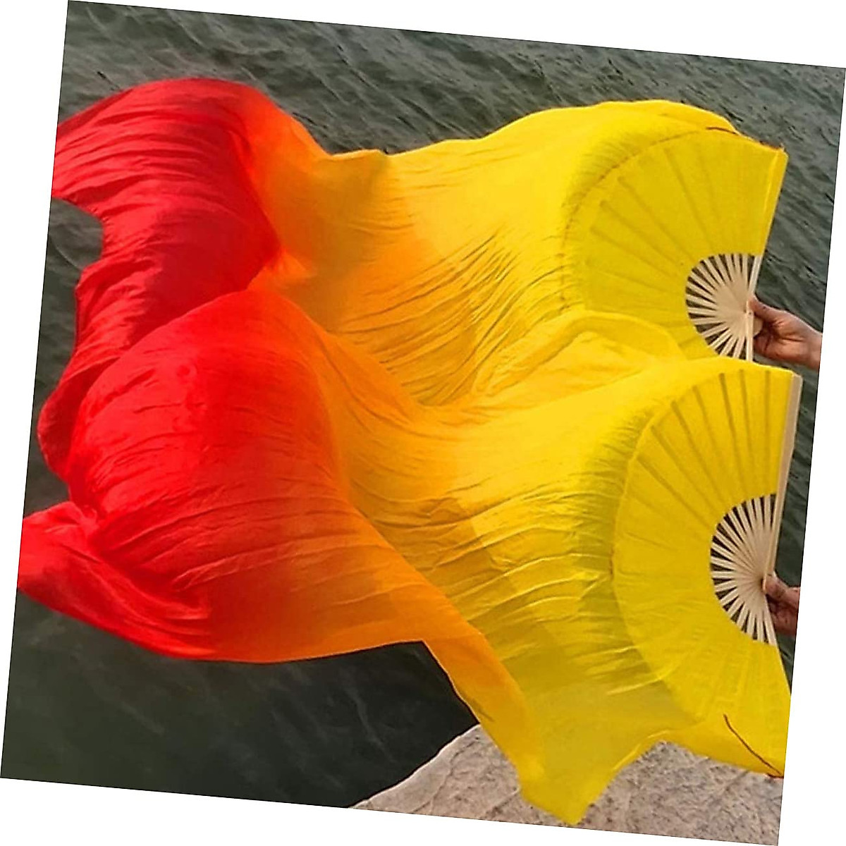 RAZZUM Kids Square Practice Women Lengthen Long Chinese Silk Praise Veil Streamer for Faux Perfomance Fans Morning Yangko Dance Simulation Supplies Flag Folding Props Veils M Decorative Fan