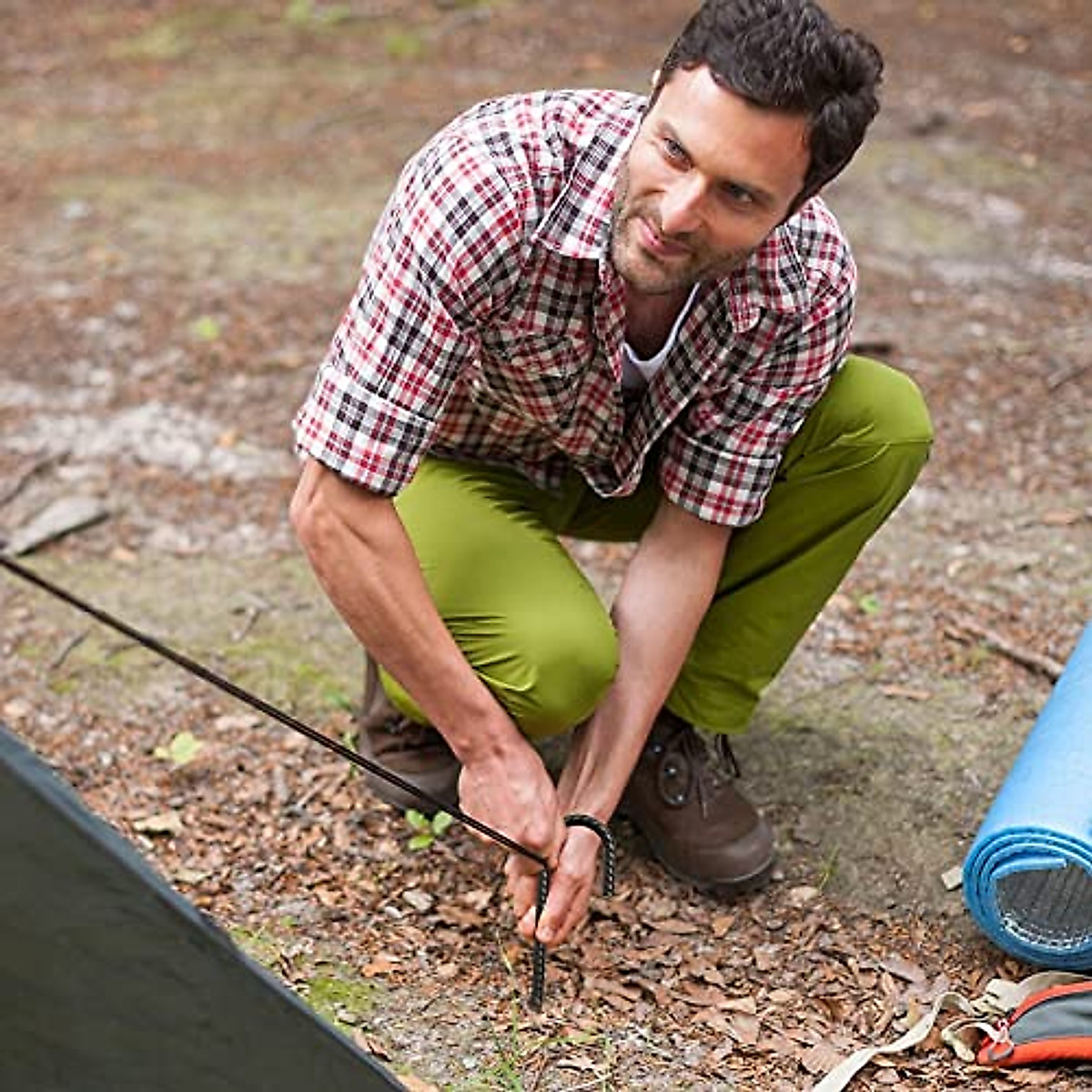 CRIZTA 24” Set of 8 Ground Rebar Stakes Heavy Duty J Hook Ground Anchors, Curved Steel Plant Support Garden Stake with Chisel Point end, Hammer Through Hard Soil for Camping Tent - Black Powder Coated