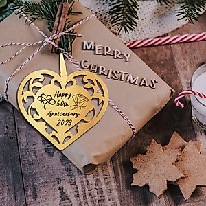 Happy 50th Anniversary 2023 Engraved Heart Wooden Quote Hanging Ornament Party Decorations Supplies Gifts for Husband Wife Boyfriend or Girlfriend Anniversary Valentines Day Romantic Gifts for Her Him