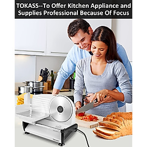 TOKASS Meat Slicer, 200W Electric Slicer For Home Use with 2pcs 7.5'' Stainless Steel Blades, Electric Deli food Slicer, Adjustable Thickness for Meat, Cheese, Bread, Easy Clean (200W-Bright Silver)