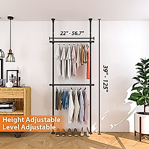 YeYeBest Clothes Rack, 2 Tier Closet Organizers And Storage Free Standing Closet Ceiling Link Floor Hanger for Hanging Clothes Adjustable Floor to Ceiling for Bedroom Laundry Room Black