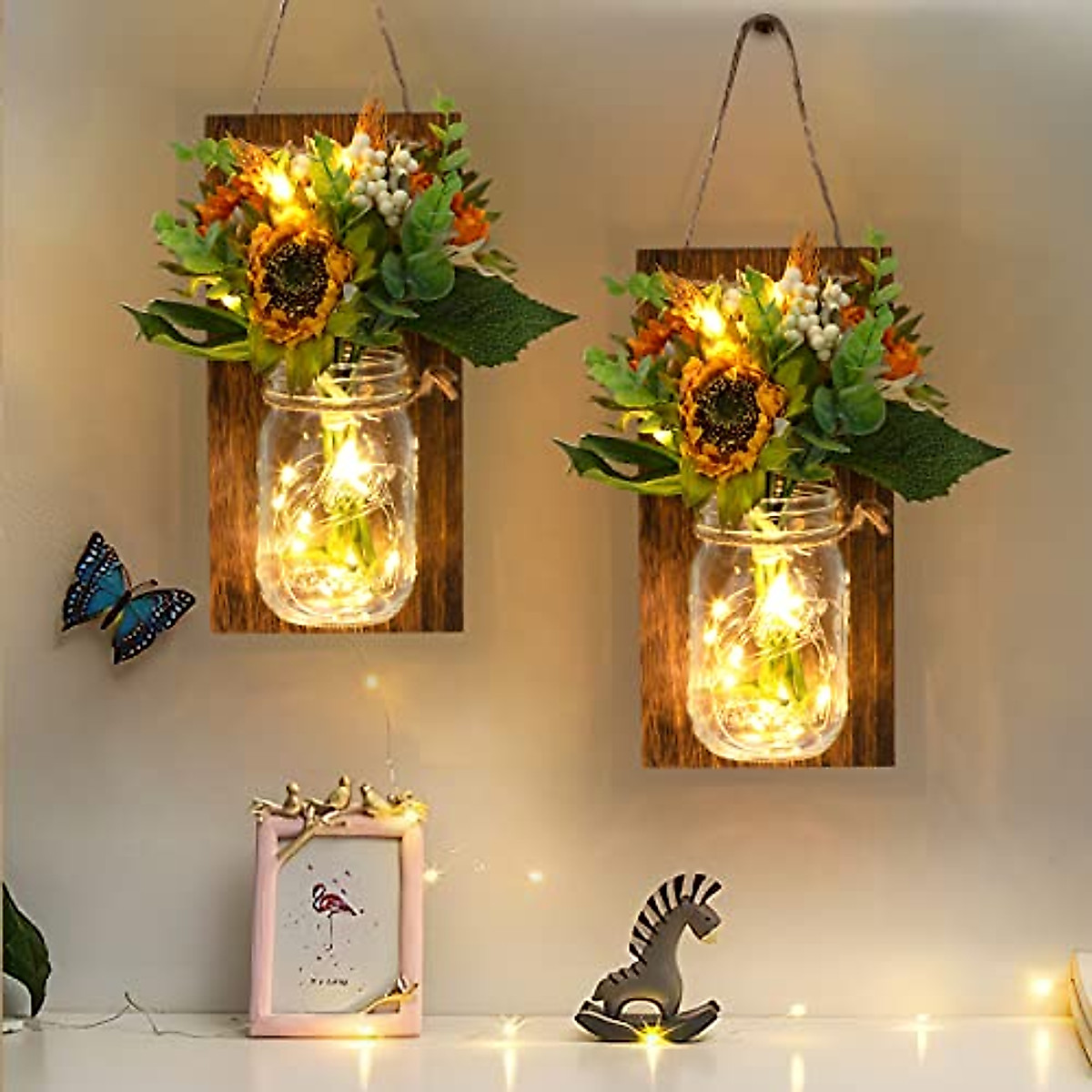 Adeeing Mason Jar Wall Decor, Rustic Wall Sconces with LED Lights Remote Control, Farmhouse Hanging Decorative Sconce Jars for Living Room, Hallway, Bedroom (Sunflowers Set of 2)