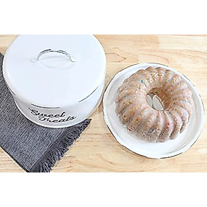 AuldHome Enamelware White Cake Cover; Rustic Decorative Cake Plate with Domed Lid