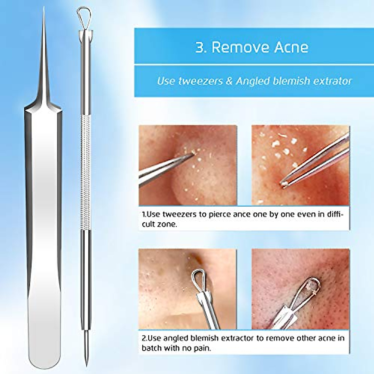Best Blackhead Remover, Blackheads Blemish Removing, Acne Whitehead Removal Kit, Pimple Comedone Extractor Tool, Popper Pimples Treatment, with Tweezers, Risk Free for Face Forehead Nose