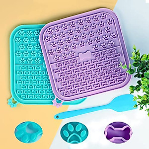 Lick Mat for Dogs 2 Pack Non-Slip Slow Feeders Licking Mat with Suction Cups for Anxiety Relief Include One Spatula for Scooping Out Dog Treat&Cat Food (Purple&Cyan)