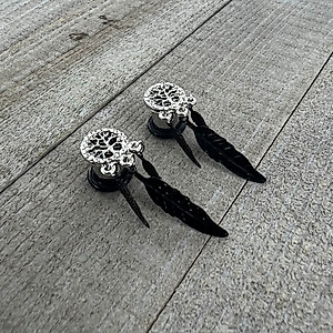 Body Candy Steel Single Flare Clear Accent Tree of Life Feather Dangle Ear Gauge Plug Set 0 Gauge