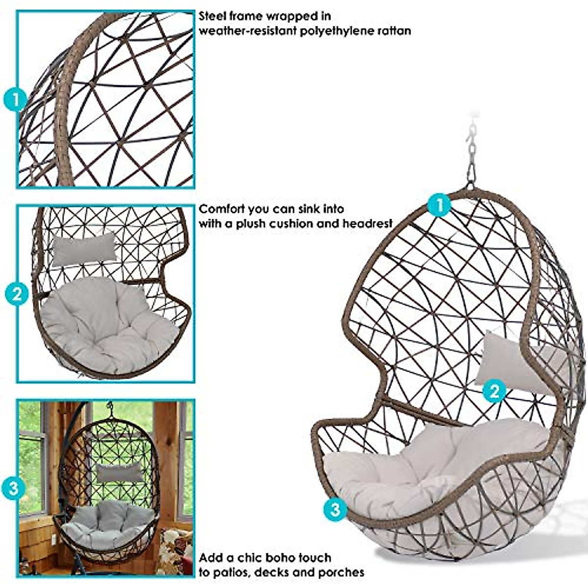Sunnydaze Danielle Hanging Egg Chair Swing, Resin Wicker Basket Design, Outdoor Use, Includes Gray Cushion