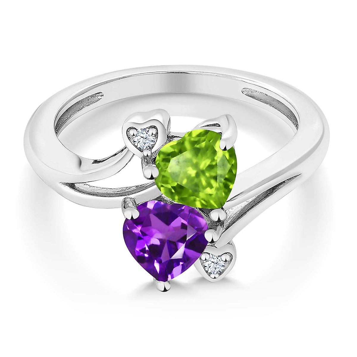 Gem Stone King 10K White Gold Purple Amethyst and Green Peridot Ring For Women (1.51 Cttw, Heart Shape 6MM, Gemstone Birthstone, Available In Size 5, 6, 7, 8, 9)