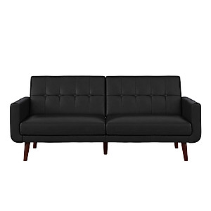 DHP Nia 79 Inch Futon Sofa Bed in Faux Leather, Upholstered Couch Sleeper with Button Tufted Back, Mid-Century Modern, Black