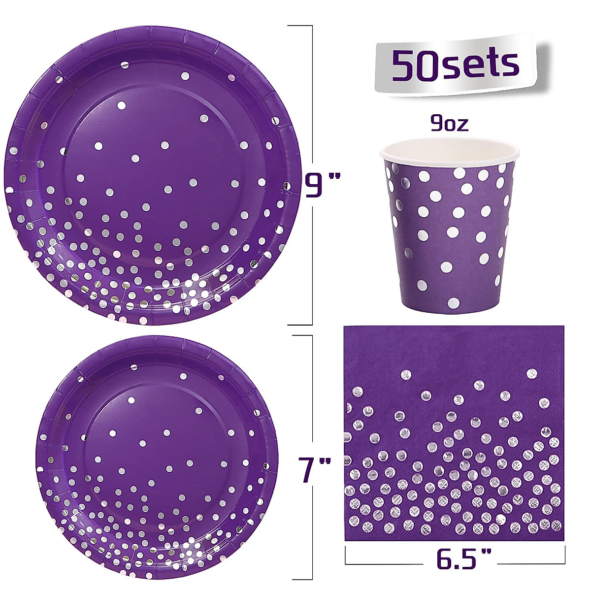 Gudvilla 200PCS Purple Party Decorations Purple Plates and Napkins Party Supplies Silver Dot Disposable Party Dinnerware for Birthday,Graduation,Baby Shower,Bridal Shower Serves 50 Guests