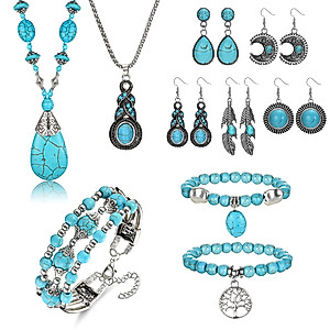 Florideco Bohemian Turquoise Jewelry Set Women Western Turquoise Pendant Necklace Layered Wrap Bangle Bracelet Turquoise Vintage Turquoise Dangle Earrings Boho Jewelry for Women A