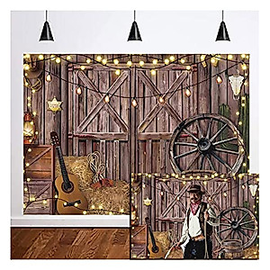 MAQTT Western Cowboy Photography Backdrop Rustic Farmhouse Wooden Barn Door Backdrop for Party Guitar and Lights Photo Background Children Birthday Party Decoration 7x5ft