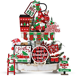 Tradder 14 Pcs Christmas Tiered Tray Decor Christmas Stockings Red Truck Xmas Tree Santa Gnome Merry Christmas Wooden Signs Christmas Table Decorations Rustic Farmhouse Decor for Home Table Shelf