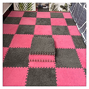 9/12/15/16 Pcs Interlocking Foam Carpet Tiles,Soft Fluffy Plush Area Rug Mat,Crawling Playmat Puzzle Mat,for Bedroom, 12X12inch, 0.4 Inch Thicken Foam,Grey+Rose red,16 PCS