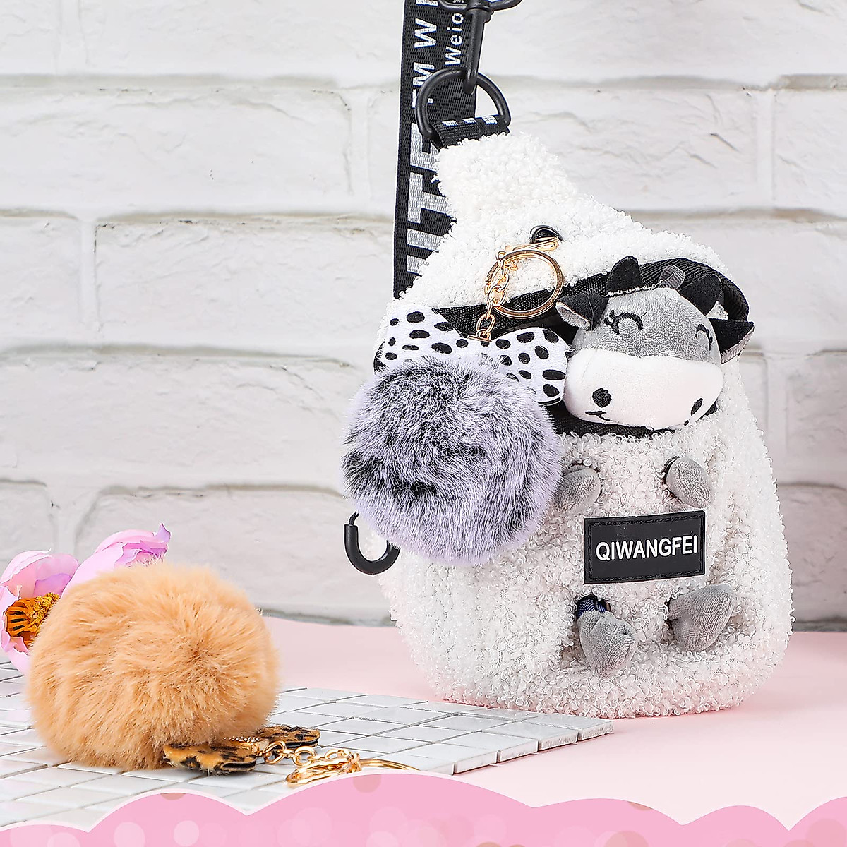 Hicarer 12 Pieces Fluffy Pom Pom Keychain Bulk Bow Rhinestone Faux Pompoms Keyring for Women Bags Craft, 12 Colors(Chic Colors)