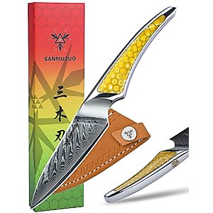 SANMUZUO 3.5 inch Paring Knife, Japanese VG-10 Damascus Steel Kitchen Knife, Ultra Sharp Fruit Knife with Full-tang Handle in Yellow Resin, LA-S9 Series