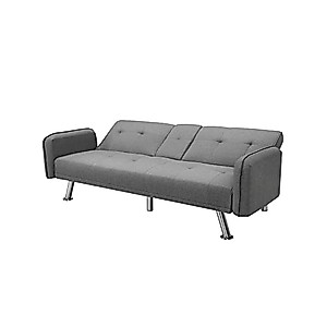FULife Futon Sofa Convertible Sleeper Couch Bed Daybed Loveseat, Folding Recliner with 2 Cup Holders, Metal Legs, Removable Soft Pillow-Top Armrest for Living Room Small Place, Light Gray 66.1