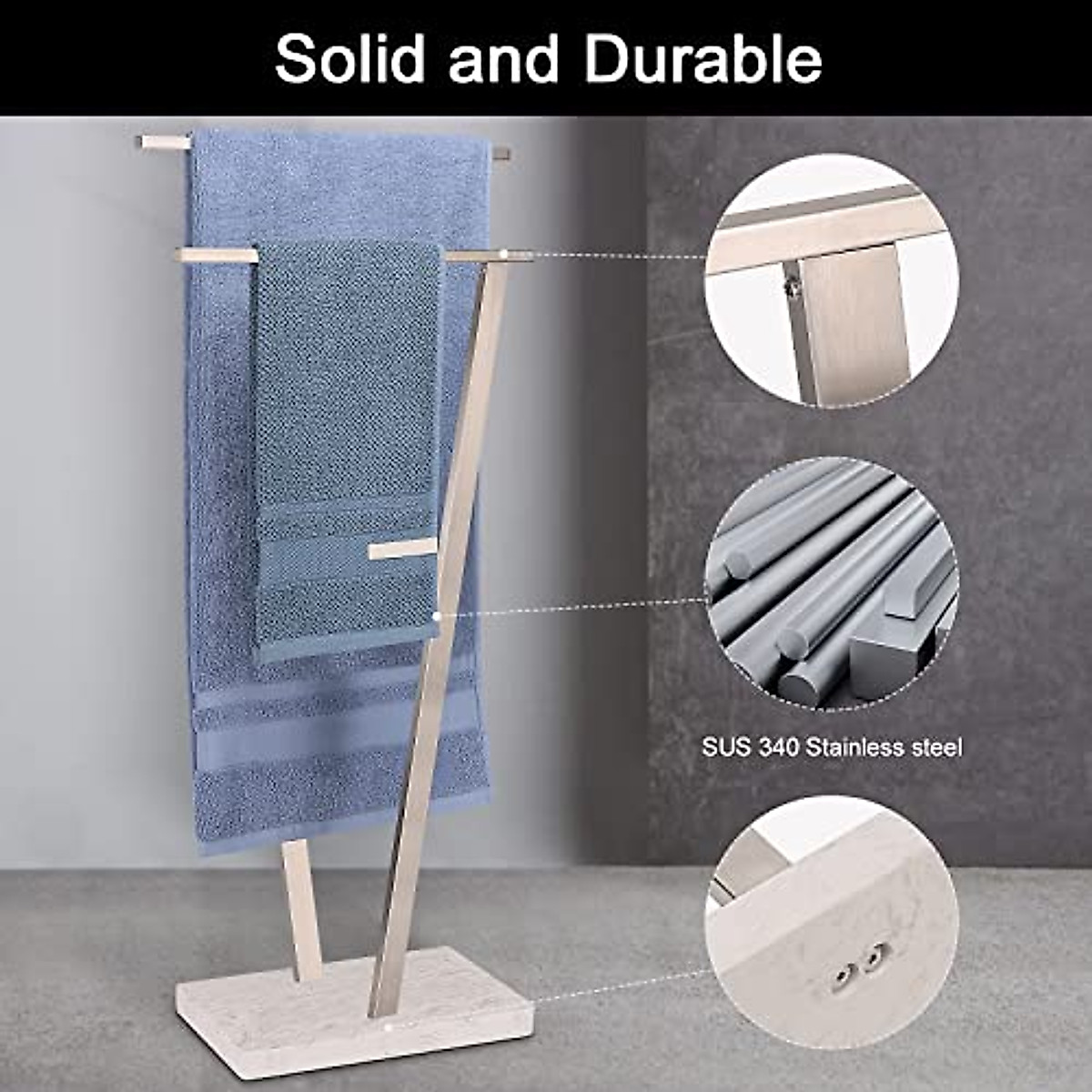 Winmien Freestanding Towel Rack for Bathroom, SUS 304 Stainless Steel Towel Holder with Marble Base for Bathroom Floor, Pool, 2-Tier (Brushed Nickel)