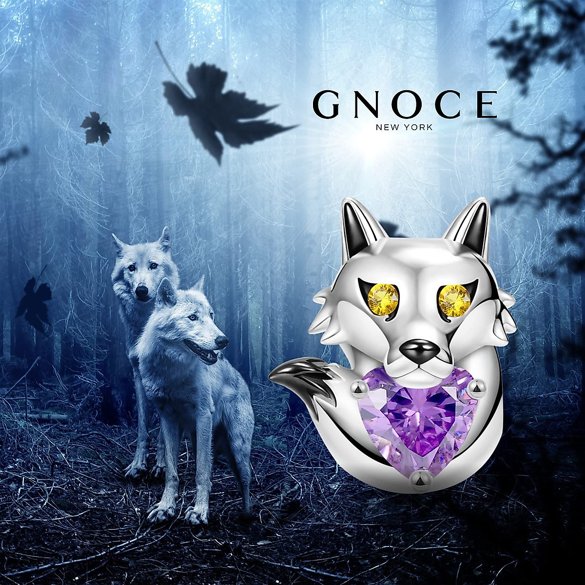 GNOCE Cute Animals Embraces Heart Charms Bead 925 Sterling Silver Gemstone Charm Jewelry Gift For Women Wife Fit Snake Chain Bracelets/Necklace (Wolf)