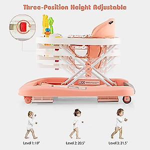 INFANS Foldable Baby Walker, 3 in 1 Toddler Walker Bouncer, Learning-Seated, Walk-Behind, Music, Adjustable Height, High Back Padded Seat, Detachable Trampoline Mat, Activity Walker with Toys (Pink)
