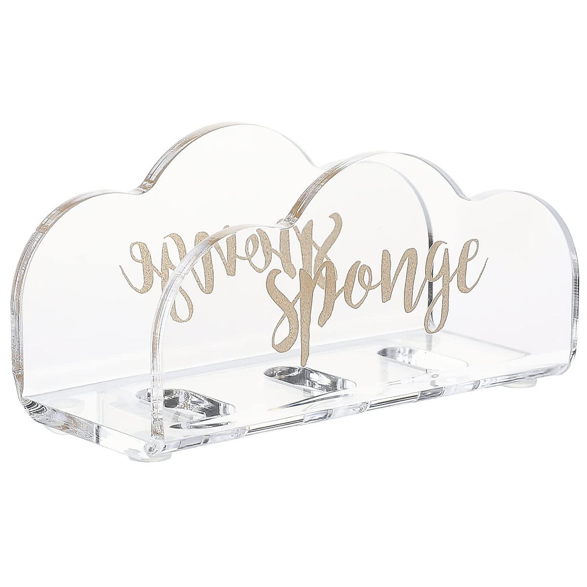 MyGift Decorative Clear Acrylic Kitchen Sink Sponge Holder with Draining Holes and Gold Curvie SPONGE Wording Design